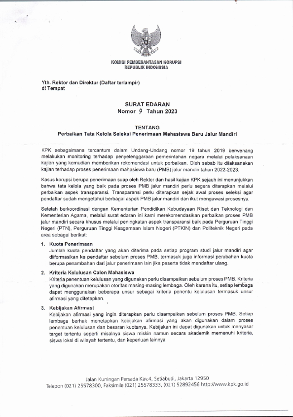SURAT EDARAN KPK NO 9 TENTANG TATA KELOLA PMB JALUR MANDIRI | Fakultas ...